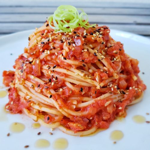 Spaghetti with Sesame Tomato Sauce - Plant-Based Matters